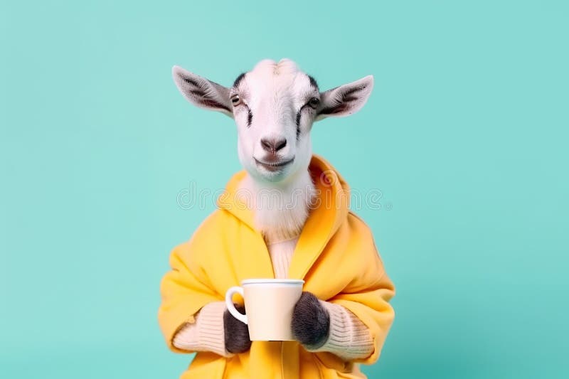 Studio Shot of a Cute Goat in Spring Clothes Drinking Tea or Coffee ...