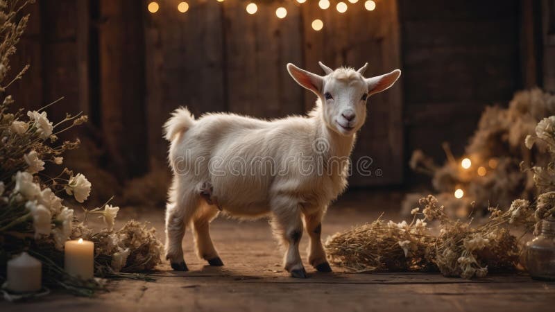 Adorable Baby Goat in Rustic Setting with Dried Flowers and Candles ...