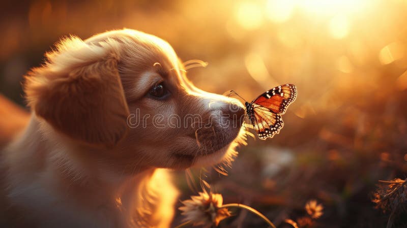 Cute Golden Retriever Puppy and Butterfly in the Sunset Light Stock ...