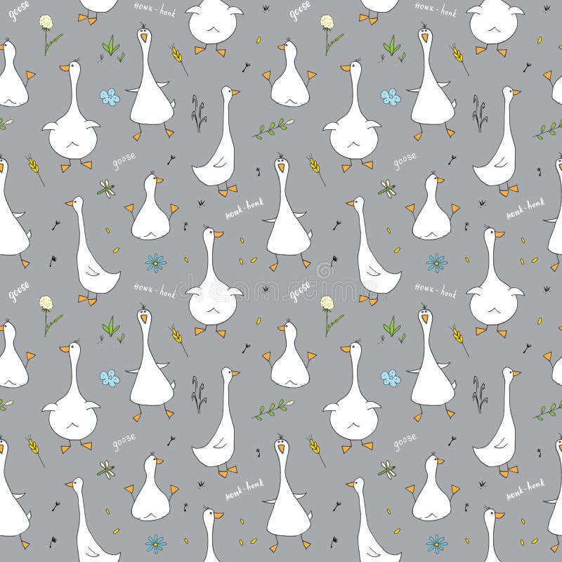 Cute Goose Seamless Pattern, Cartoon Hand Drawn Goose Doodles Vector ...