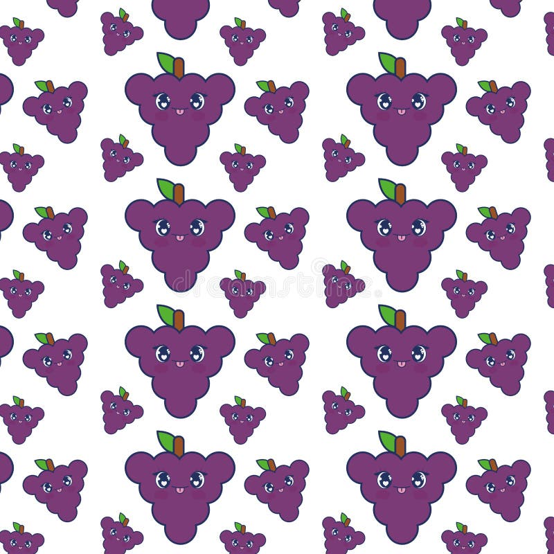 Cute Grapes Fruit Kawaii Pattern Stock Illustration - Illustration of ...