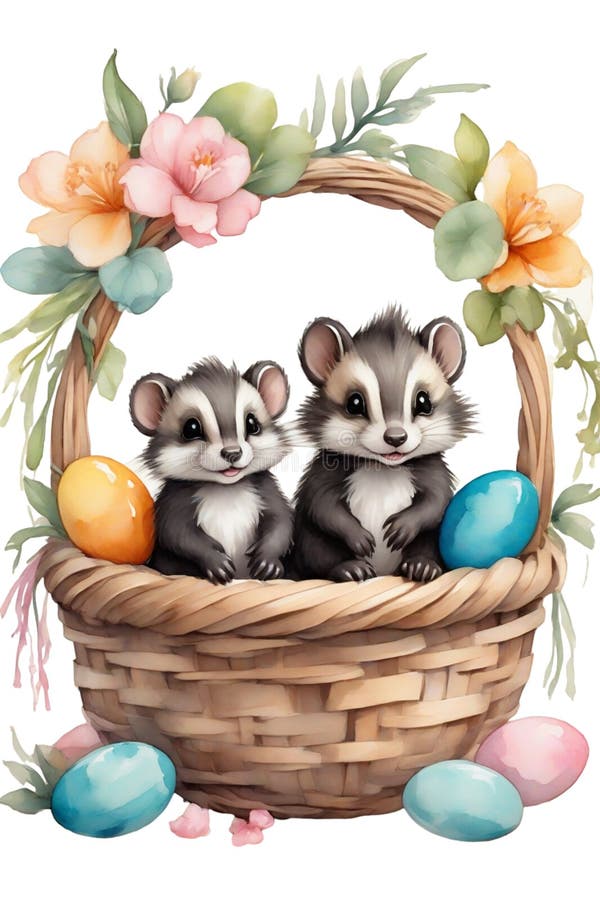 Graphic of a Skunk in an Easter Basket with Easter Eggs Stock ...