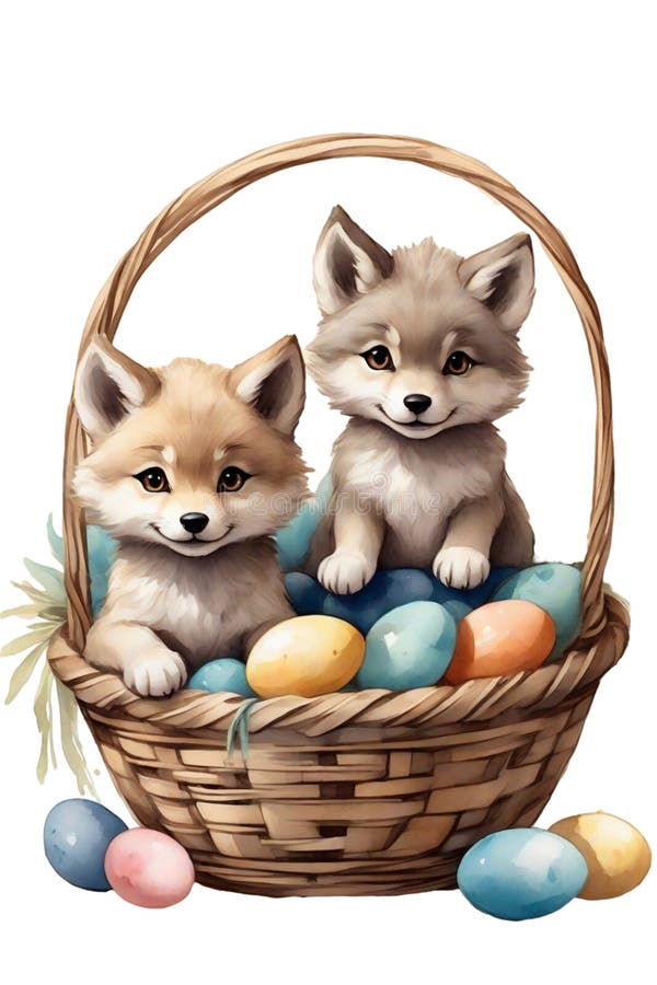 Graphic of a Wolf in an Easter Basket with Easter Eggs Stock ...