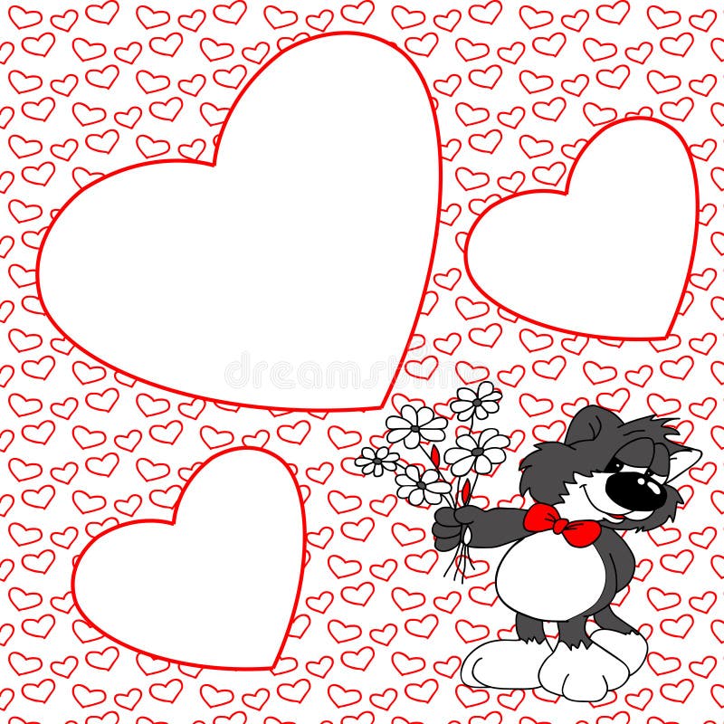 Cute Gray Cat with Flowers. Frame with Red Heart. Valentine. Stock ...