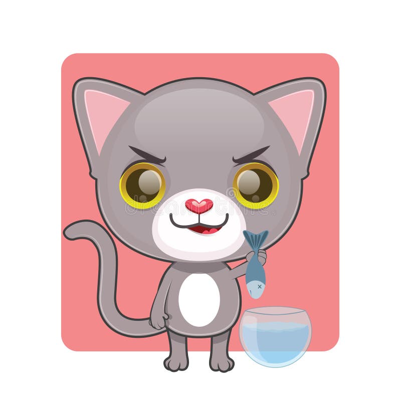 Cute Gray Cat Pulling a Fish Out from Their Bowl Stock Vector ...