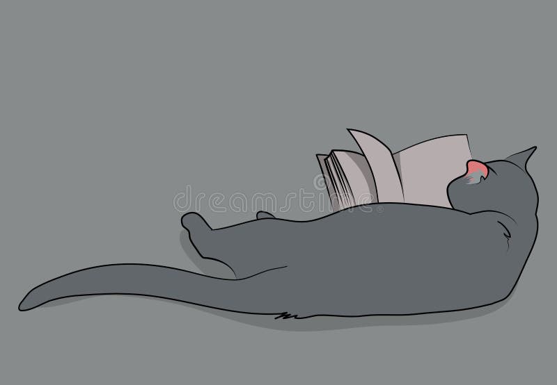 Cute gray cat reading book stock illustration. Illustration of domestic ...