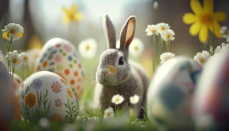 Cute Gray Easter Bunny Sitting with Painted Easter Egg in the Grass ...