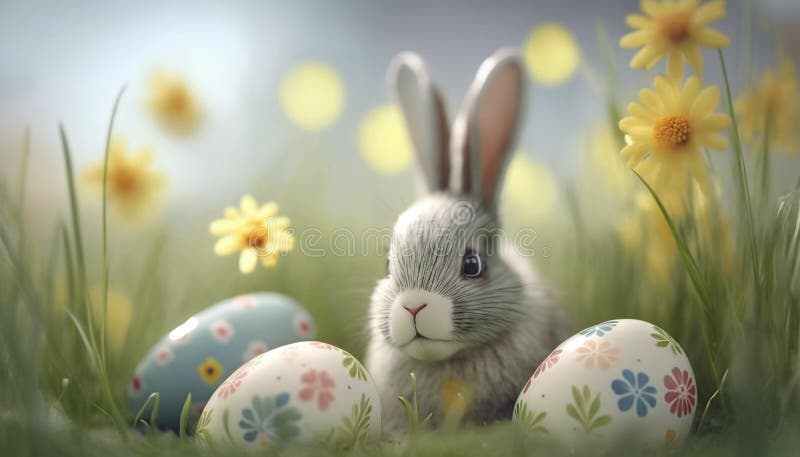 Cute Gray Easter Bunny Sitting with Painted Easter Egg in the Grass ...