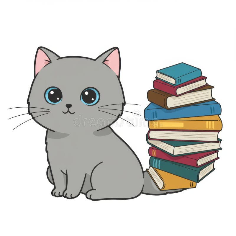 Cute Gray Kitten with Stack of Books Stock Illustration - Illustration ...