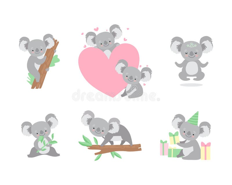 Cute Gray Koala Bear with Large Ears Engaged in Different Activity ...