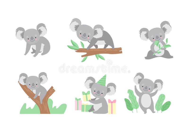 Cute Gray Koala Bear with Large Ears Engaged in Different Activity ...