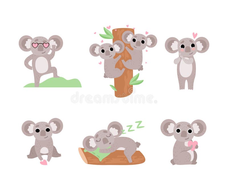 Cute Gray Koala Bear with Large Ears Engaged in Different Activity ...