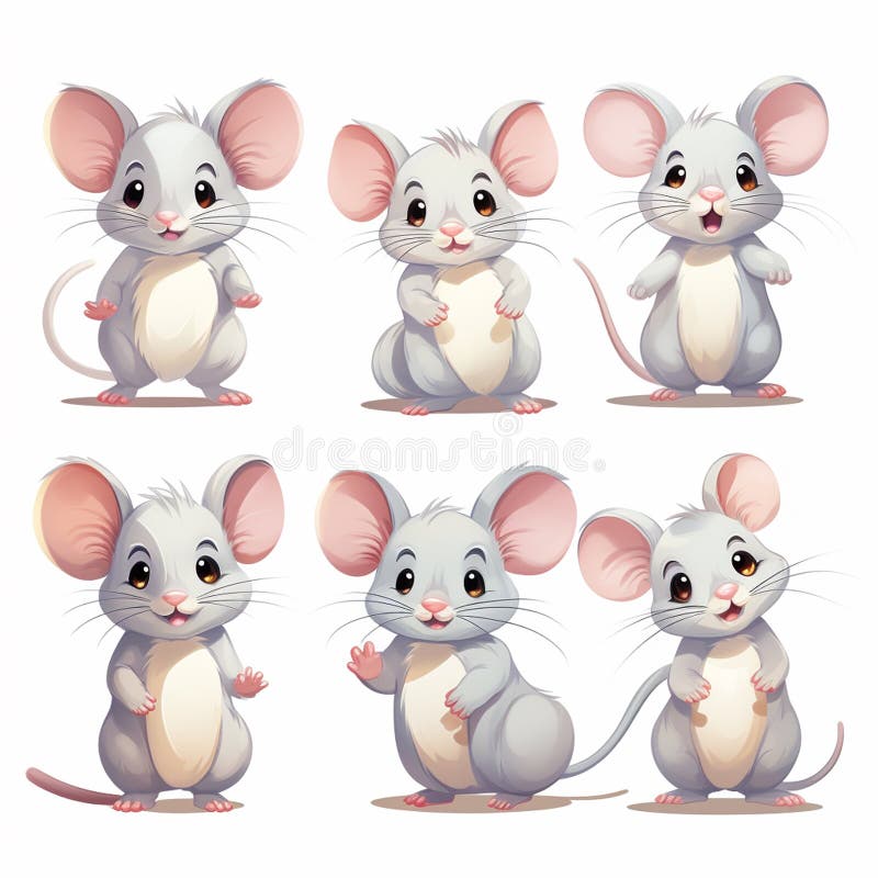Cute Gray Mouse Cartoon Collection on White Background. Vector ...