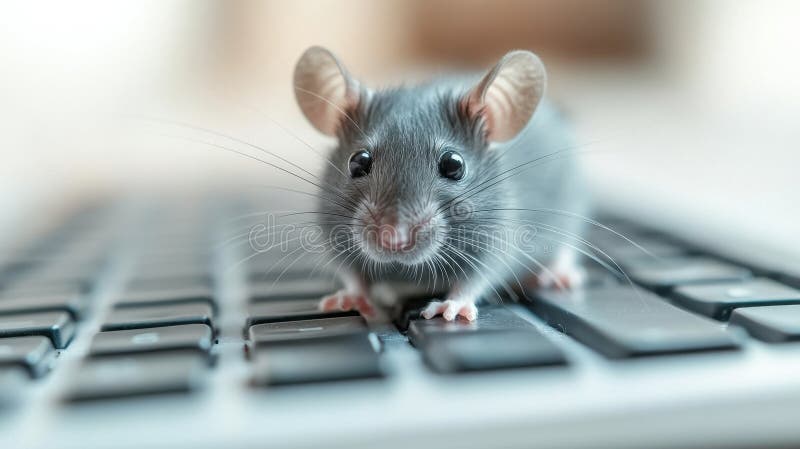 Cute Gray Mouse Exploring a Keyboard in a Cozy Indoor Setting during ...