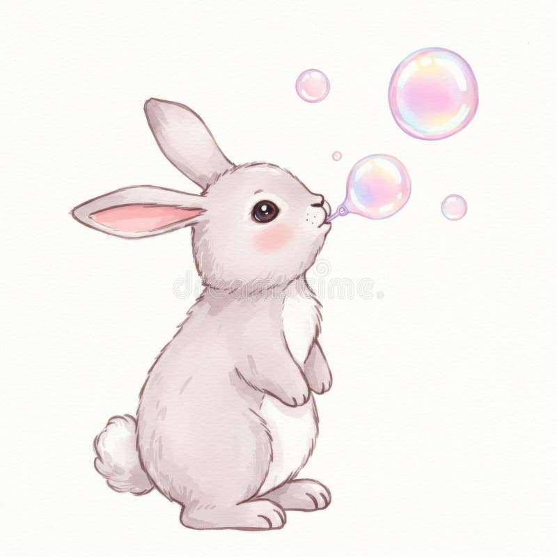 Cute Gray Rabbit Blowing Pastel Bubbles Watercolor Illustration Stock ...