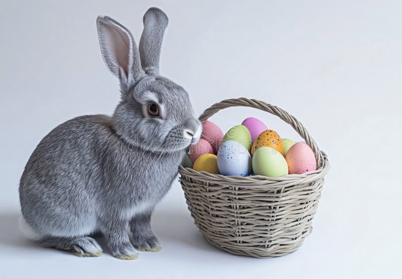 Cute Gray Rabbit with Easter Basket & Eggs Stock Illustration ...
