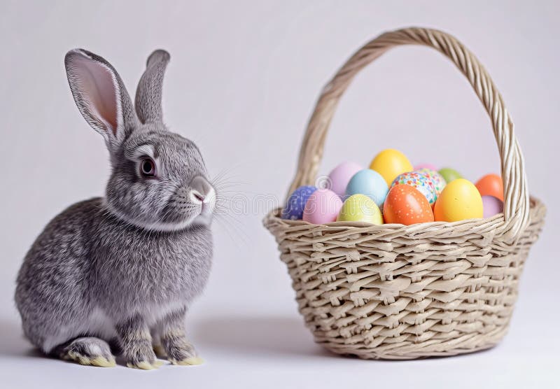 Cute Gray Rabbit with Easter Eggs Basket Stock Illustration ...