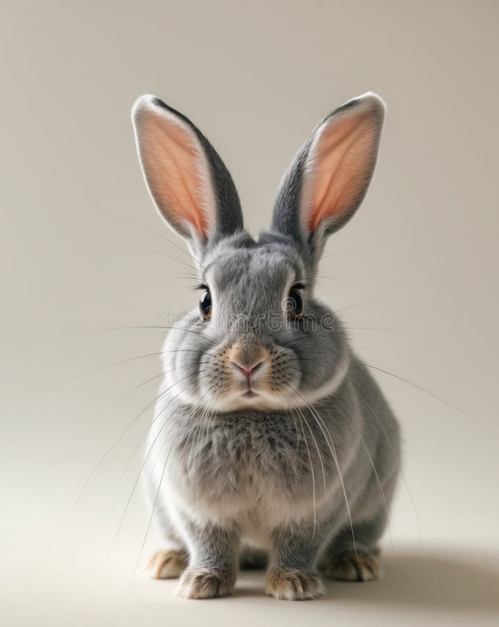 Cute Gray Rabbit with Large Ears and Whiskers Looking at Stock Photo ...