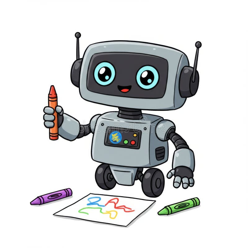 Cute Gray Robot Drawing with Crayons Stock Illustration - Illustration ...