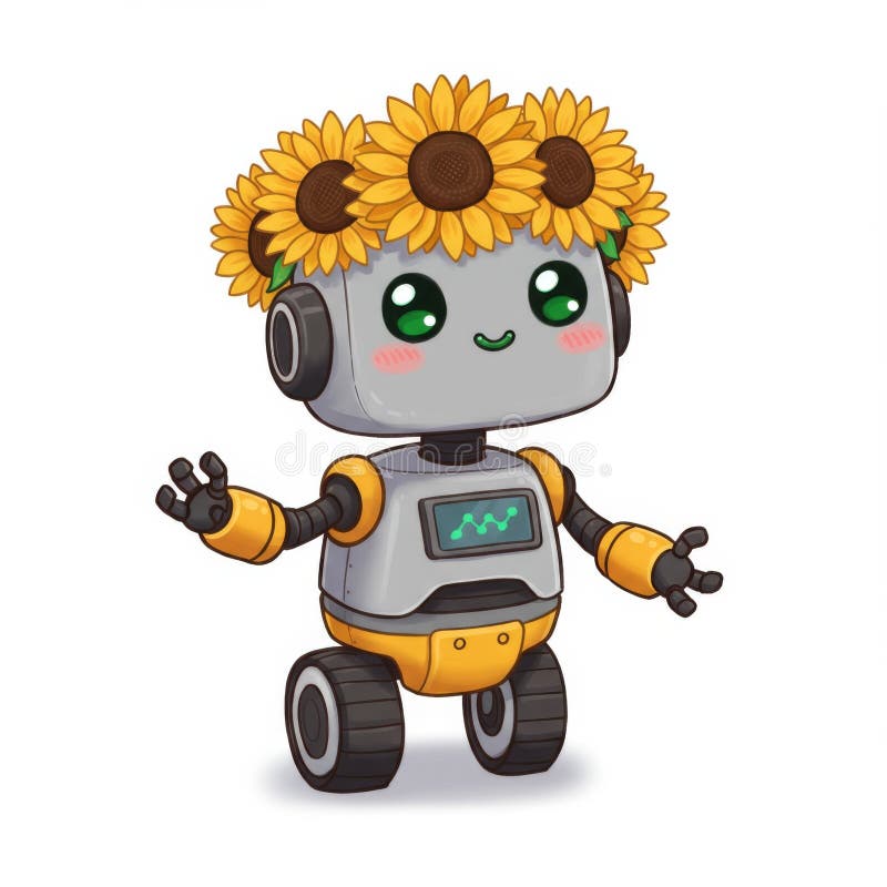 Cute Gray and Yellow Robot with Sunflower Crown Stock Illustration ...
