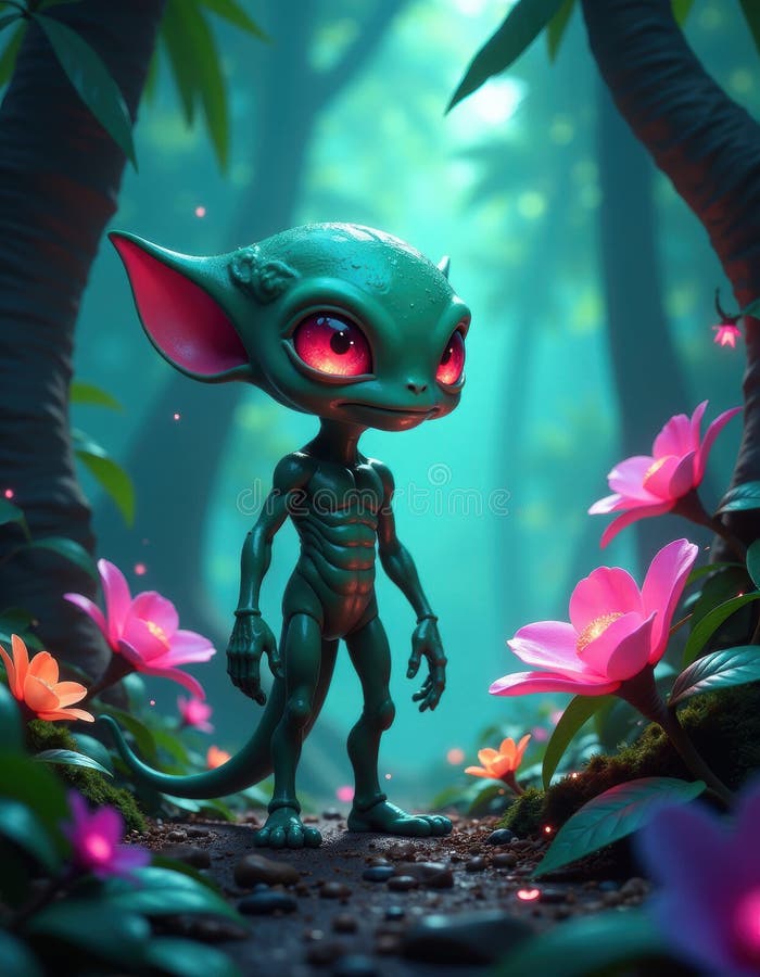 Cute Green Alien in Enchanted Forest Stock Illustration - Illustration ...