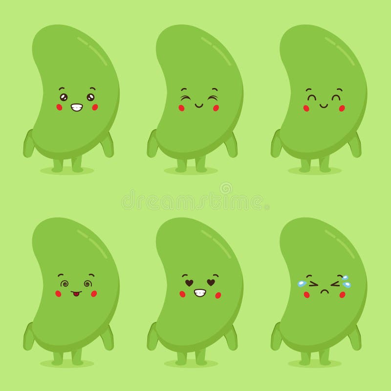 Cute Green Beans Character Smiling and Sad Stock Vector - Illustration ...