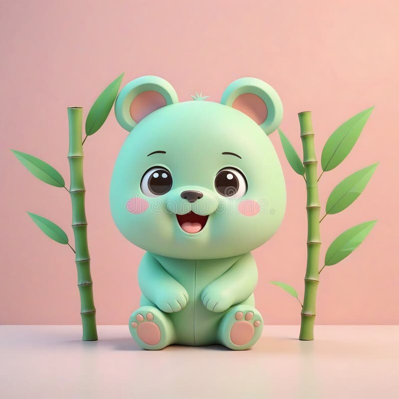 Cute Green Bear with Bamboo Stock Illustration - Illustration of happy ...