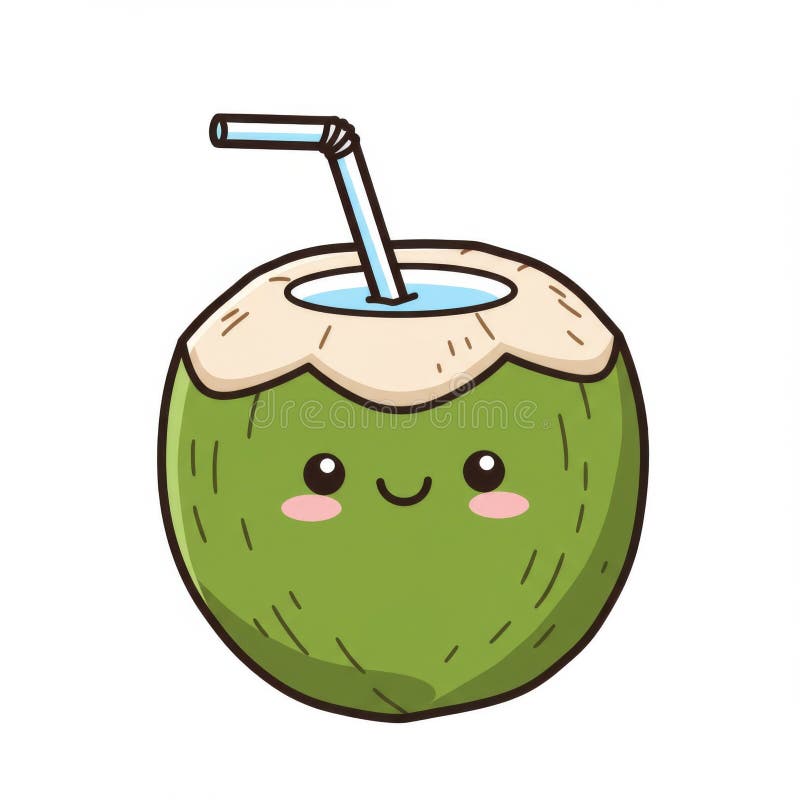Cute Green Cartoon Coconut with Straw Stock Illustration - Illustration ...