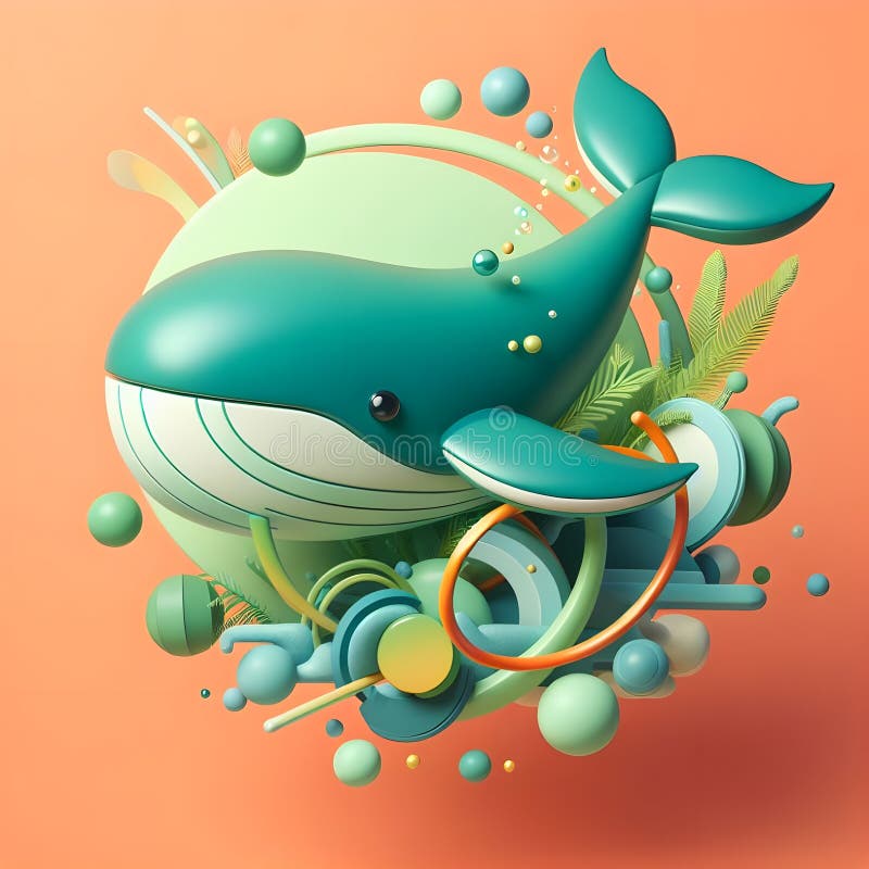 Cute Green Colored Animated Whale in Geometric Simple. Stock ...