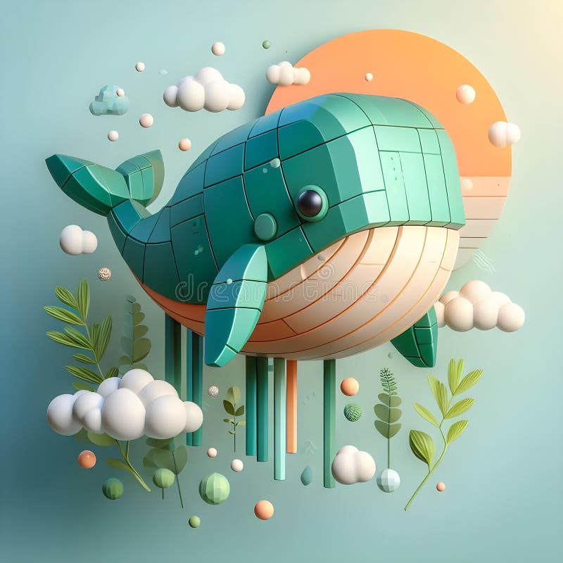 Cute Green Colored Animated Whale in Geometric Simple. Stock ...