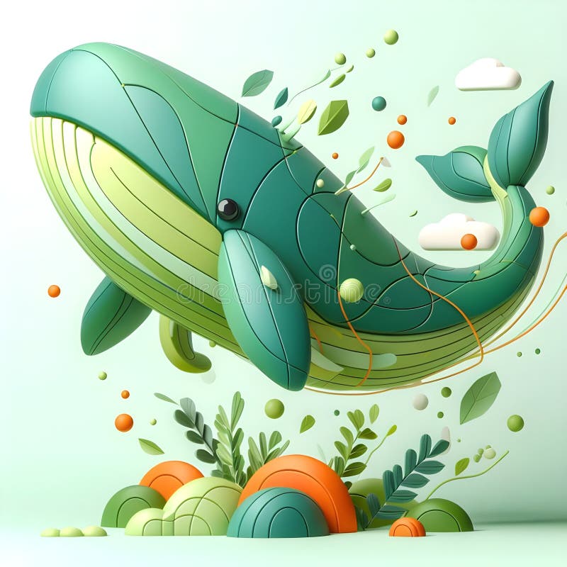 Cute Green Colored Animated Whale in Geometric Simple. Stock ...