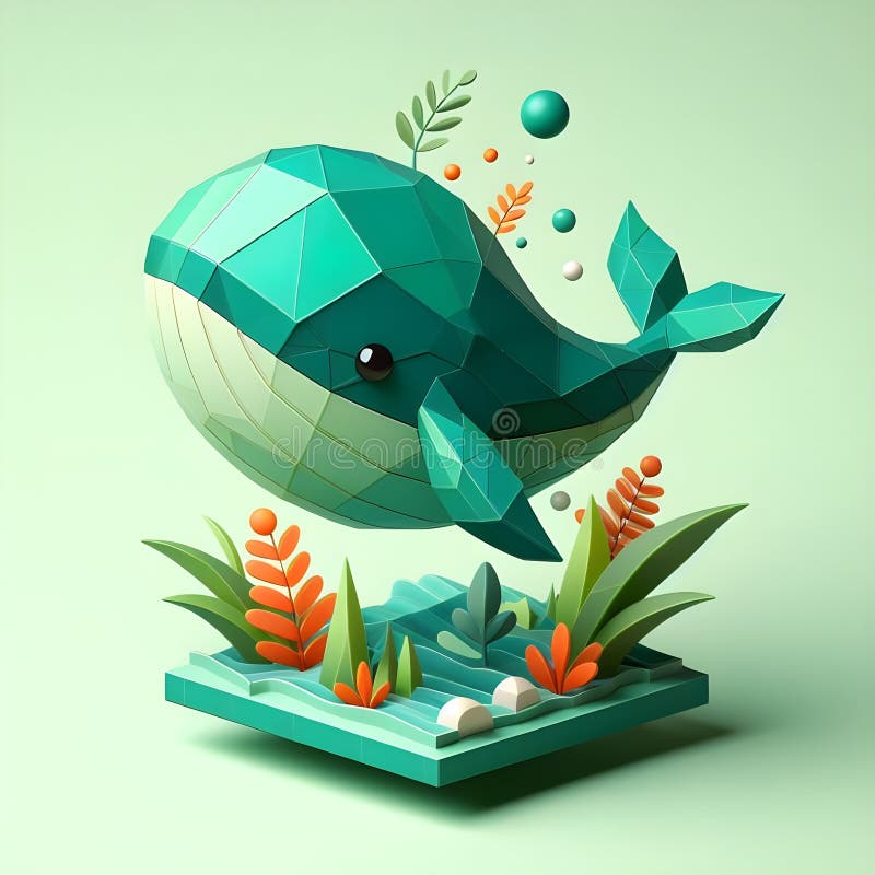 Cute Green Colored Animated Whale in Geometric Simple. Stock ...