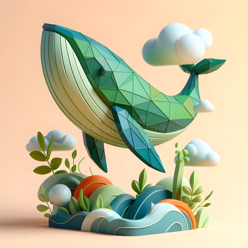 Cute Green Colored Animated Whale in Geometric Simple. Stock ...