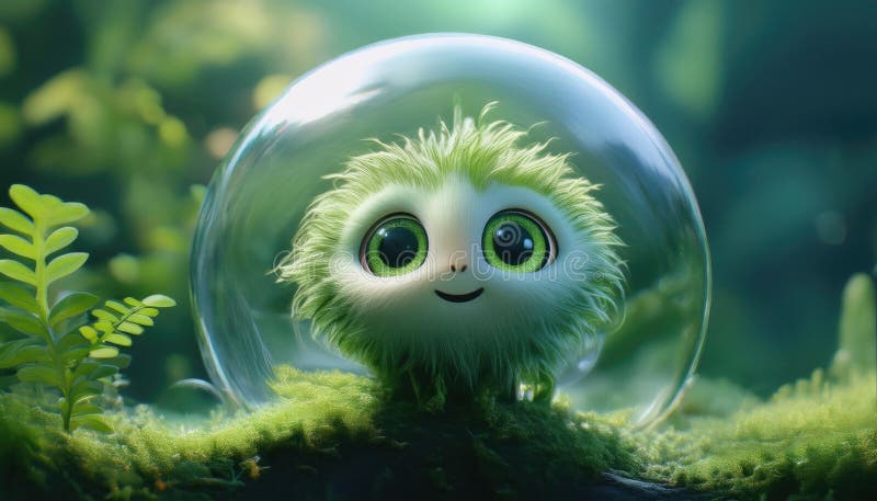 A Cute Green Creature with Big Eyes Under a Bubble Dome, Sitting on ...