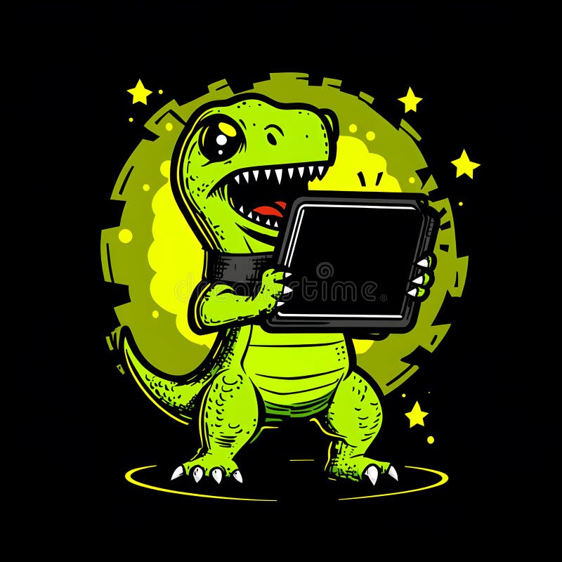 Cute Green Dinosaur with a Tablet Stock Illustration - Illustration of ...