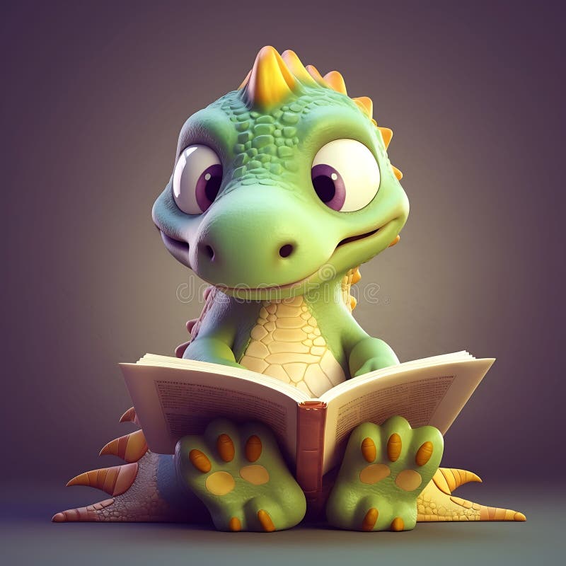 Cute Green Dragon Character Happily Reading a Book. Stock Illustration ...