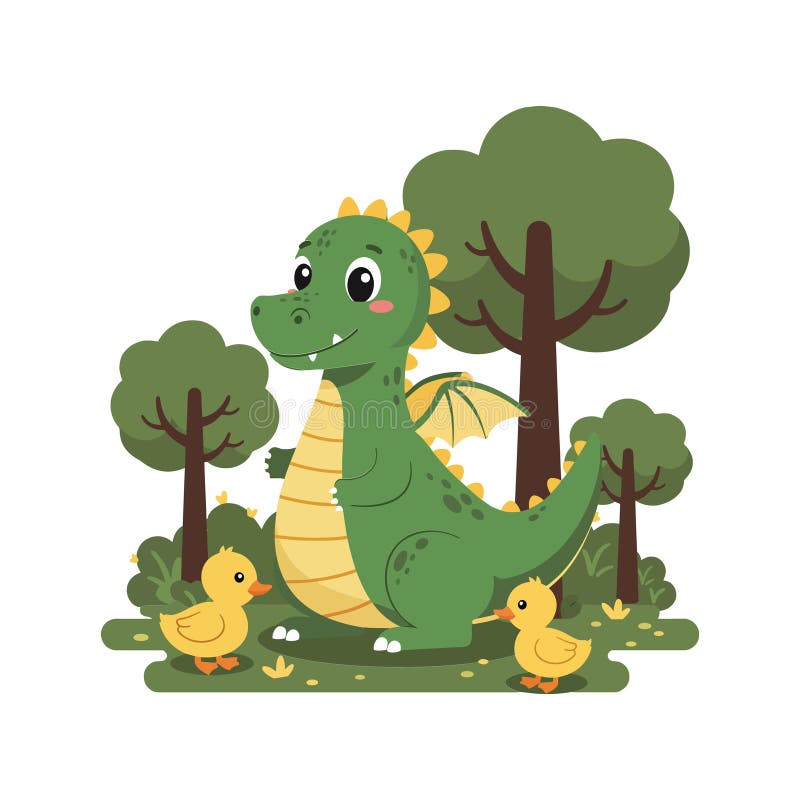 Cute Green Dragon Interacting with Ducks in Flat Vector Illustration ...