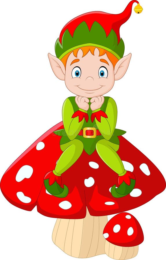 Cute Green Elf Sitting on Mushroom Stock Vector - Illustration of dwarf ...