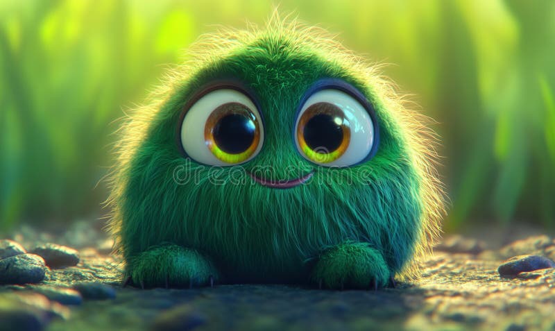 Cute Green Fluffy Creature with Big Eyes in a Vibrant Grassy ...