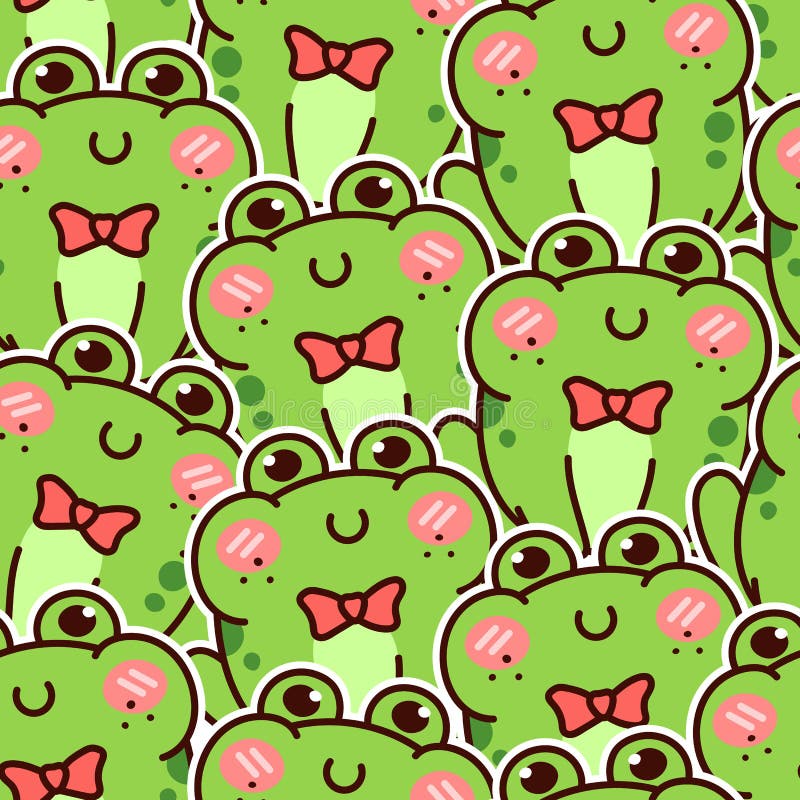 Cute Green Frog. Kawaii Seamless Pattern Stock Vector - Illustration of ...