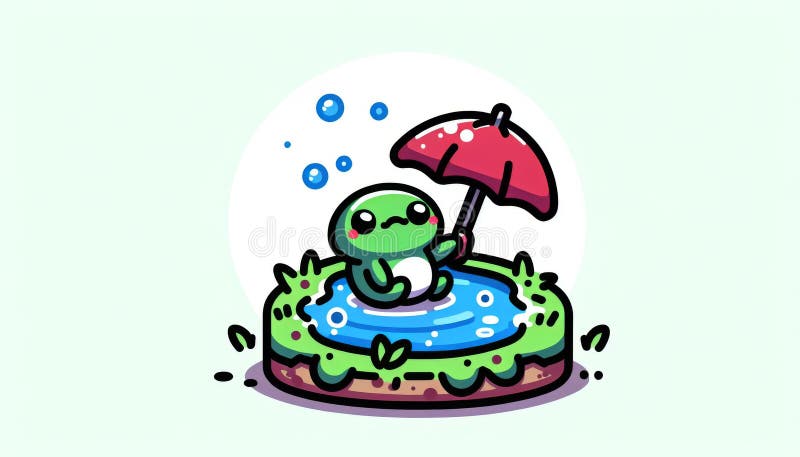 Cute Green Frog with Red Umbrella in a Pool Stock Illustration ...