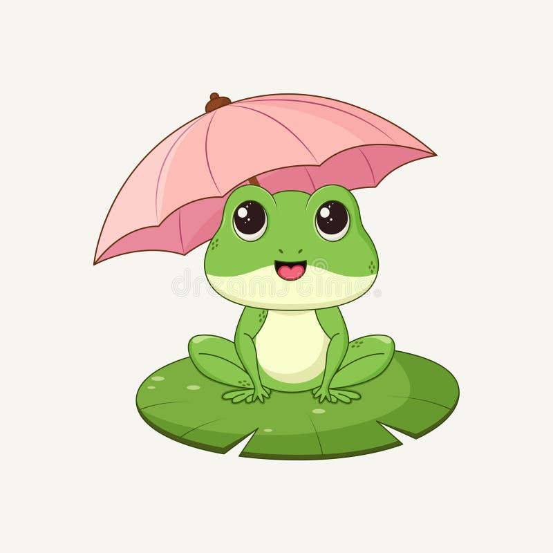 Cute Green Frog Sits on a Water Lily Leaf Under an Umbrella. Vector ...