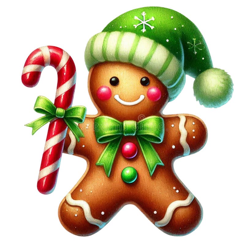 Cute Green Gingerbread Man Holding a Candy Cane Printable Stock ...