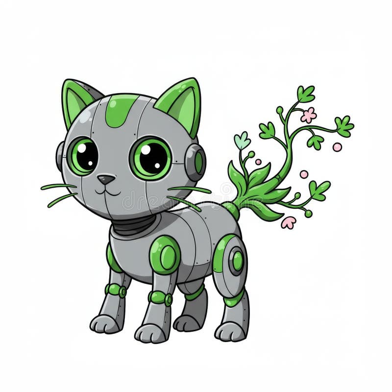 Cute Green and Grey Robotic Cat with Floral Tail Pixel Art Stock ...