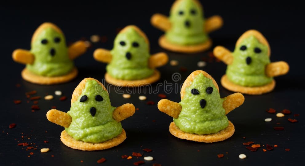 Cute Green Halloween Ghost Appetizers on Crackers Stock Illustration - Illustration of recipe ...