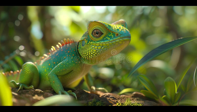 A Cute Green Lizard with Multi Colored Scales in the Forest Generated ...