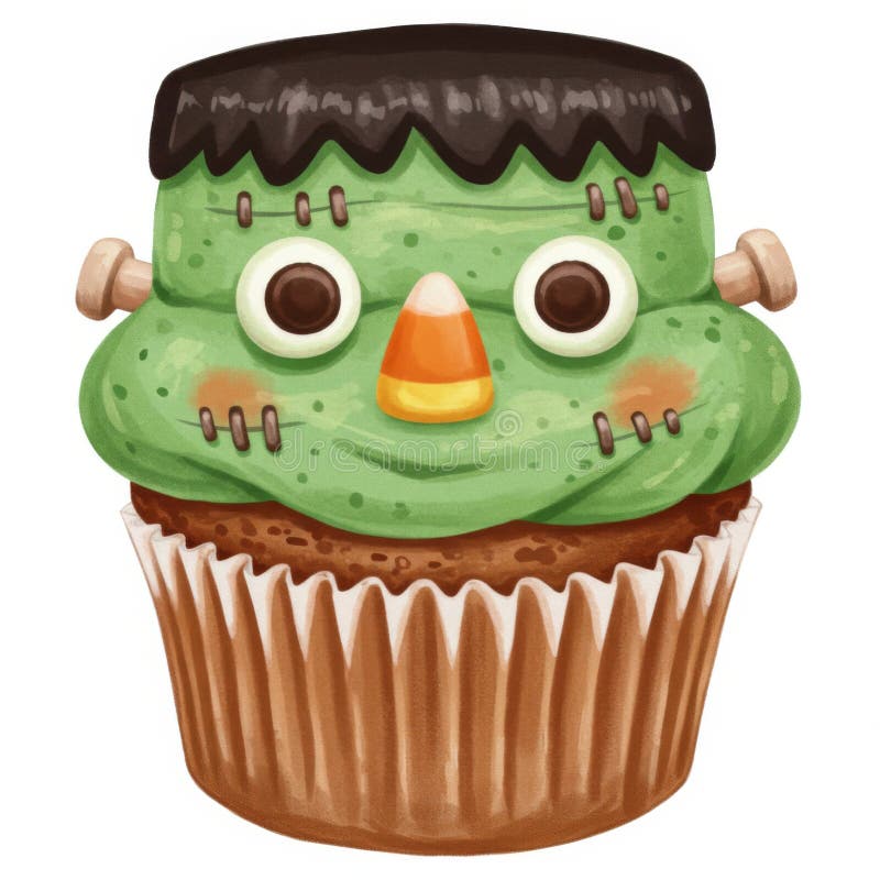 Cute Green Monster Halloween Cupcake Illustration Stock Illustration ...