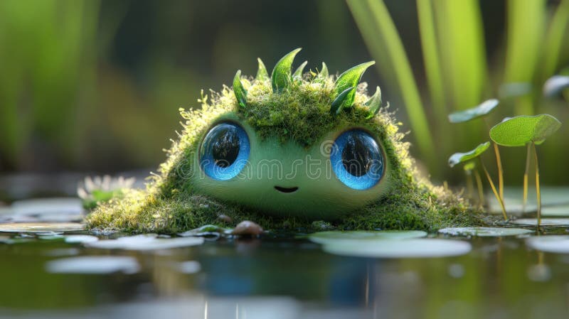 Cute Green Moss Creature in a Pond Stock Illustration - Illustration of ...
