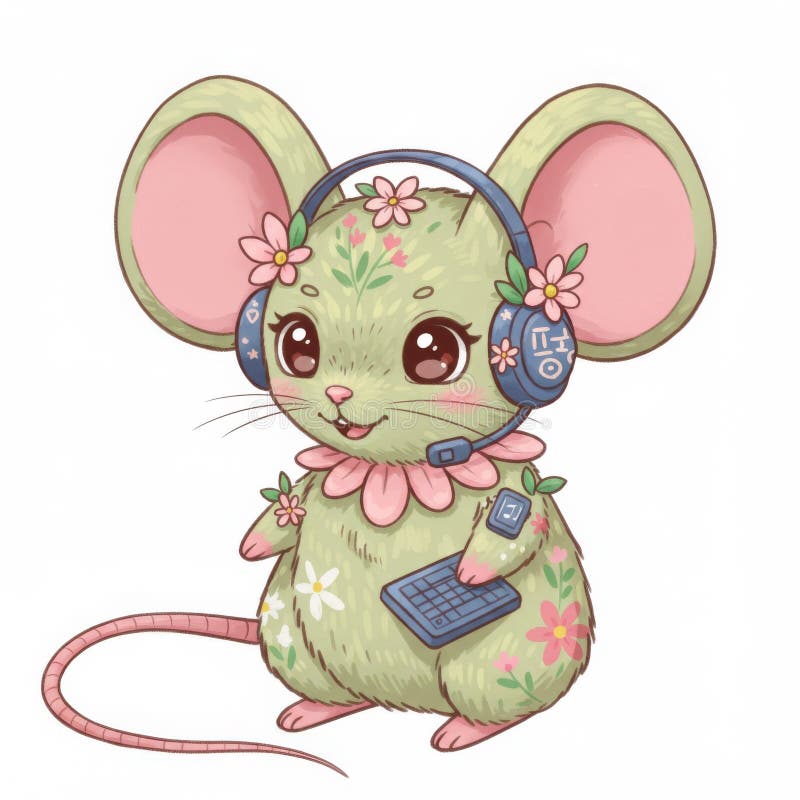 Cute Green Mouse with Floral Design and Headset Stock Illustration ...