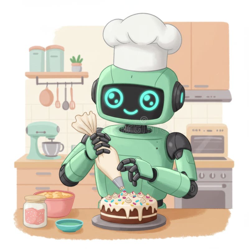 Cute Green Robot Chef Baking a Cake in a Pastel Kitchen Stock ...